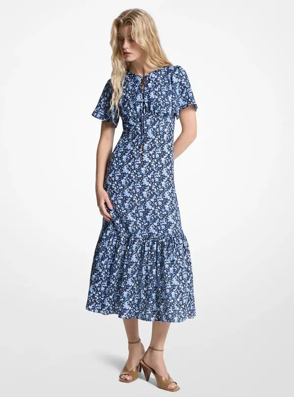 Michael Kors Floral Print Viscose-blend Midi Dress