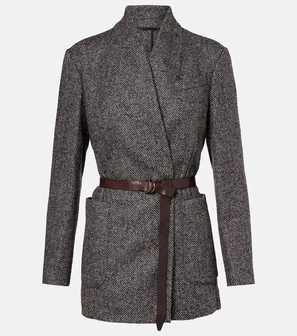 Brunello Cucinelli Herringbone Monili Wool-blend Tweed Blazer - Grey