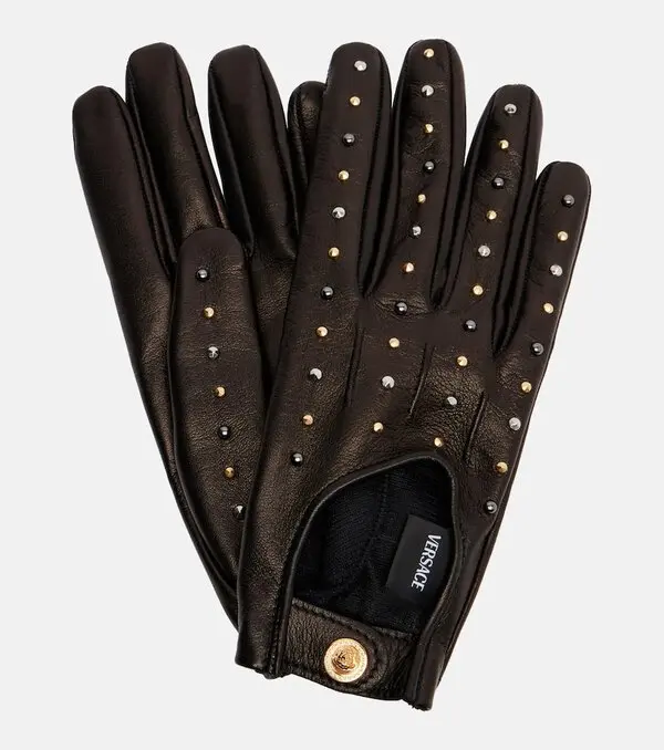 Versace Cutout Studded Leather Gloves - Brown