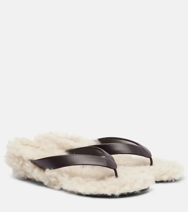 Le Monde Beryl Shearling-trimmed Leather Thong Sandals - Brown