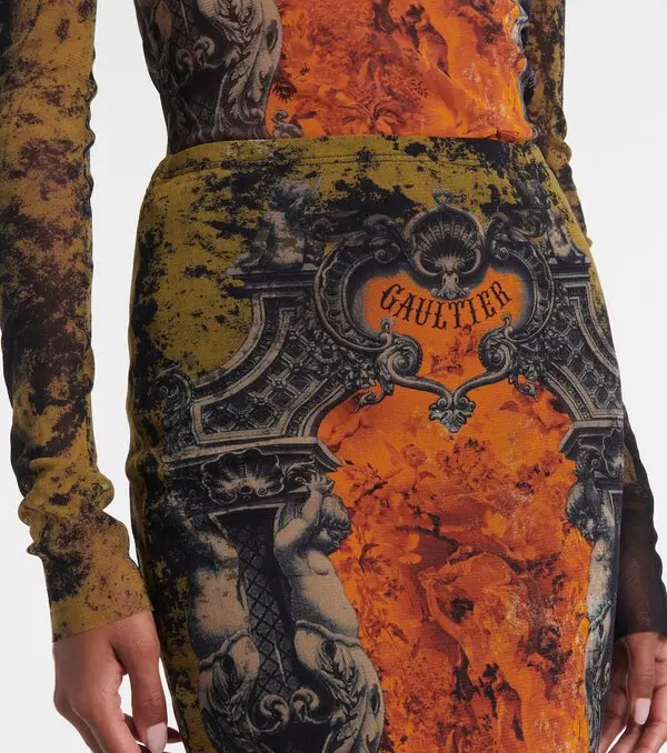 JEAN PAUL GAULTIER Medaillon Printed Mesh Midi Skirt - Multicoloured