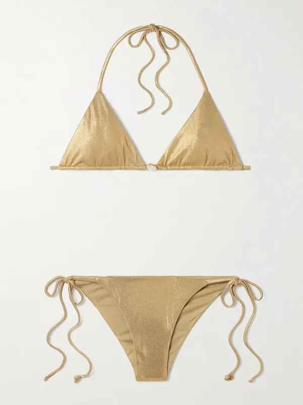 SARA CRISTINA Pearl-embellished Metallic Triangle Bikini - Gold