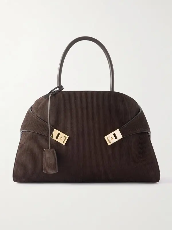 FERRAGAMO Hug Medium Leather-trimmed Ribbed-suede Tote