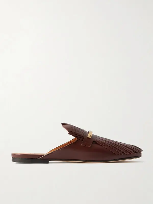 TOD'S Embellished Fringed Leather Slippers - Brown
