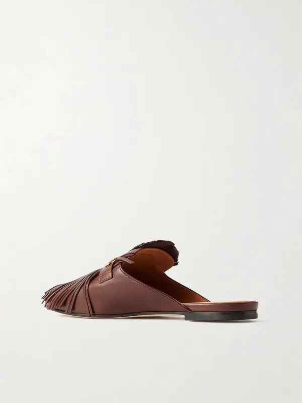 TOD'S Embellished Fringed Leather Slippers - Brown