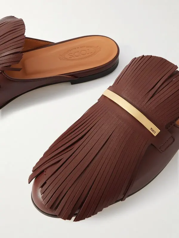 TOD'S Embellished Fringed Leather Slippers - Brown