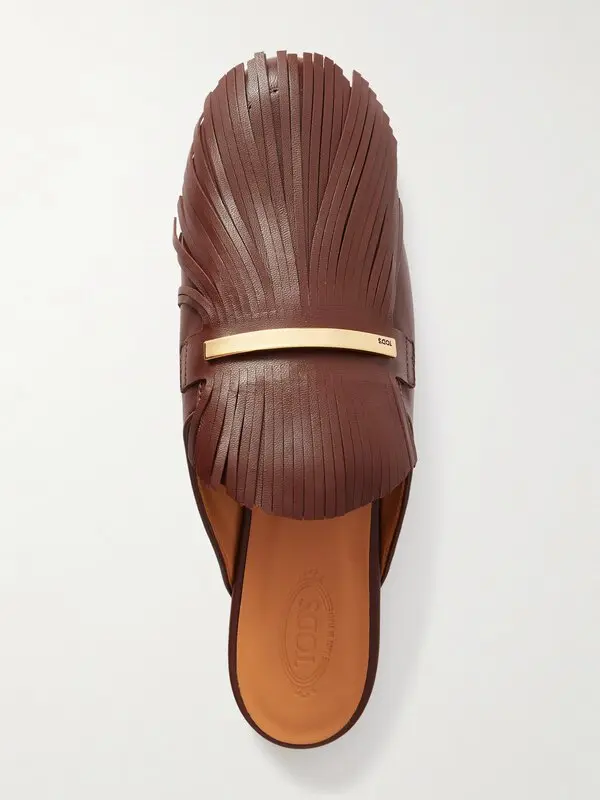 TOD'S Embellished Fringed Leather Slippers - Brown
