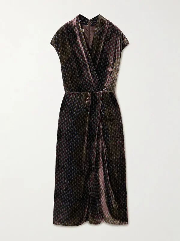 Dries Van Noten Printed Velvet Wrap-effect Midi Dress
