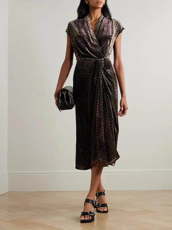 Dries Van Noten Printed Velvet Wrap-effect Midi Dress