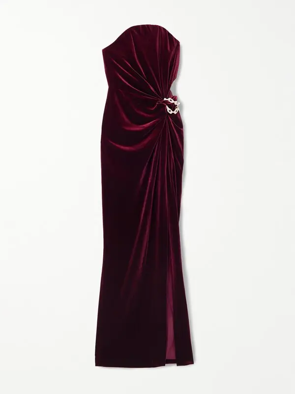 Self-Portrait Velvet Bandeau Maxi Dress In Burgundy - 20% Off