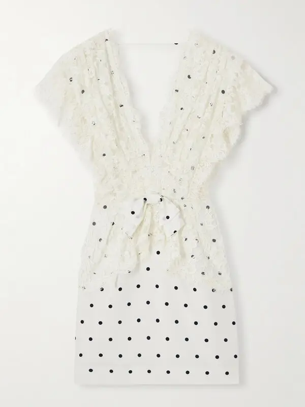 Alessandra Rich Bow-detailed Polka-dot Silk-satin Mini Dress With Lace Trim - White
