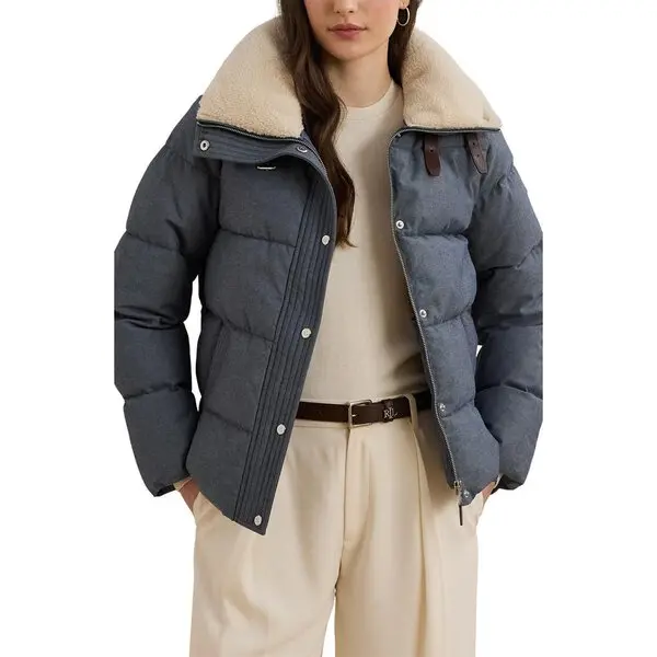 Ralph Lauren Chambray Puffer Jacket With Faux Shearling Collar