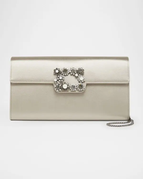 ROGER VIVIER Flower Buckle Satin Envelope Bag - Grigio Perla