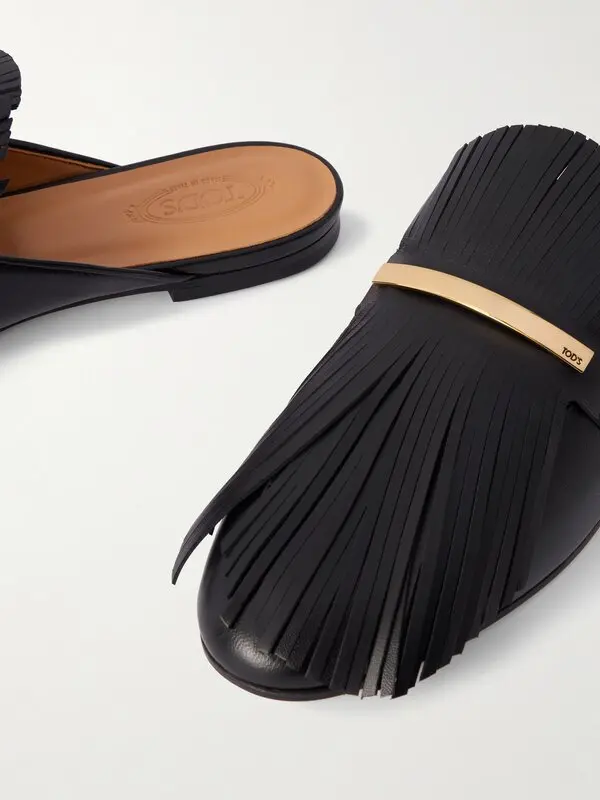 TOD'S Embellished Fringed Leather Slippers