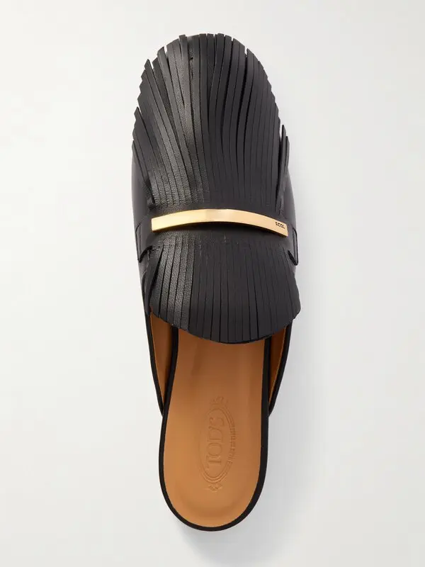 TOD'S Embellished Fringed Leather Slippers
