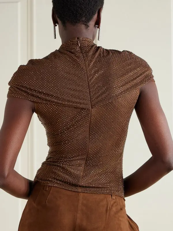 SELF-PORTRAIT Gathered Cutout Crystal-embellished Mesh Top