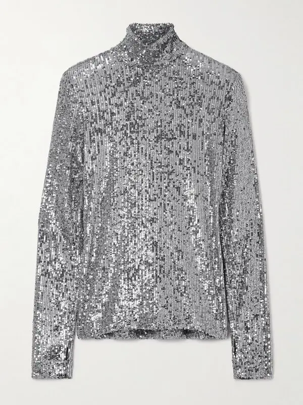 Rabanne Sequined Tulle Turtleneck Top - Silver