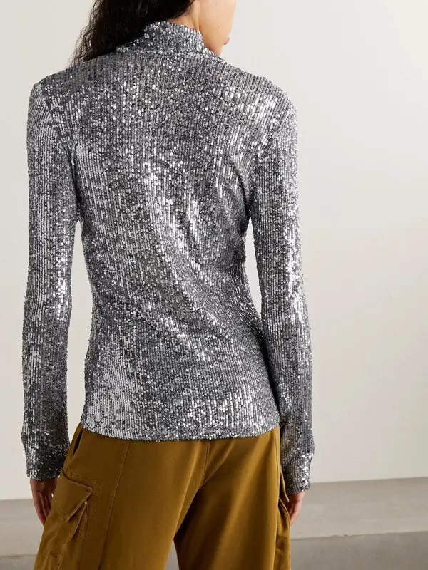 Rabanne Sequined Tulle Turtleneck Top - Silver