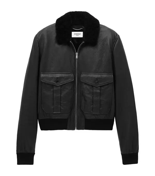 Saint Laurent Shearling Collar Leather Bomber Jacket