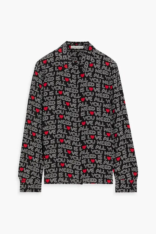Alice + Olivia The Beatles Willa Printed Silk Shirt - Black