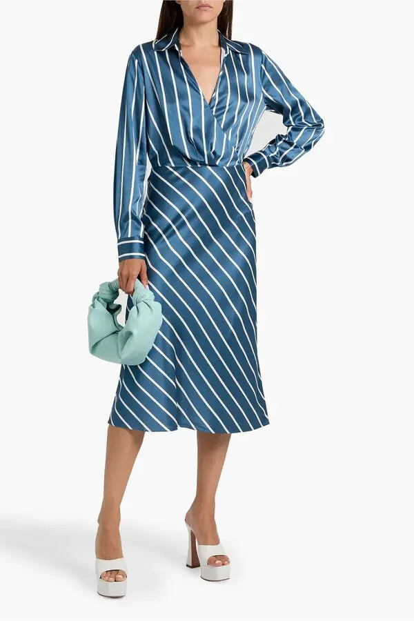 striped satin midi dress Button Up Tie Waist Long Sleeve Satin Collar, Harlow Striped Shirt Midi Dress in White/Black, Size XS,