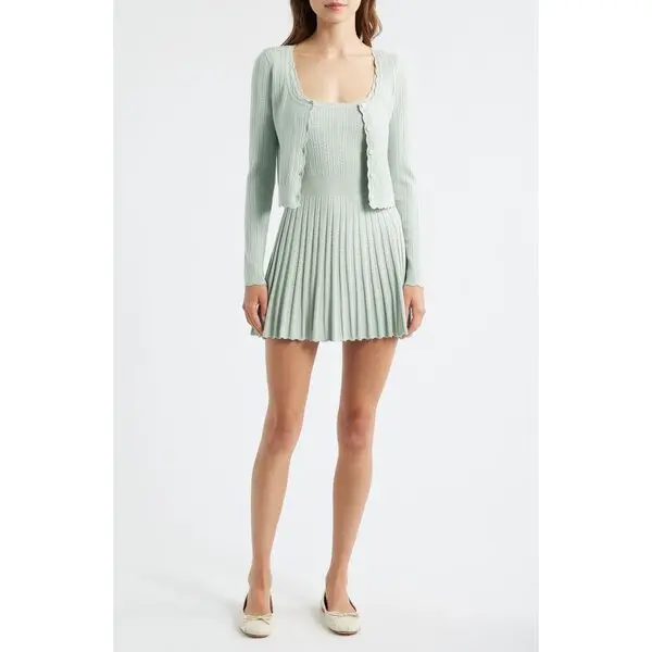 LoveShackFancy Evaluna Pointelle Pleated Mini Dress - Eau De Nil
