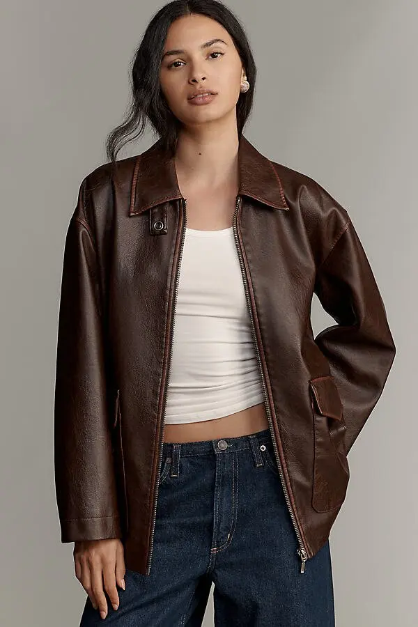 PILCRO Sofia Faux Leather Long Bomber Jacket