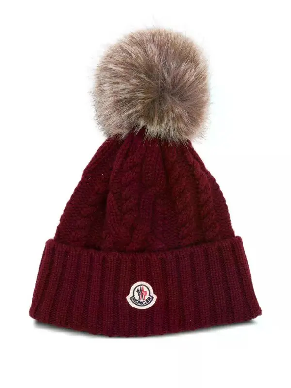 Moncler Cable-knit Beanie Hat With Pom-pom - Red