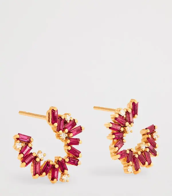 SUZANNE KALAN Mini Diamond And Ruby Bold Hoop Earrings