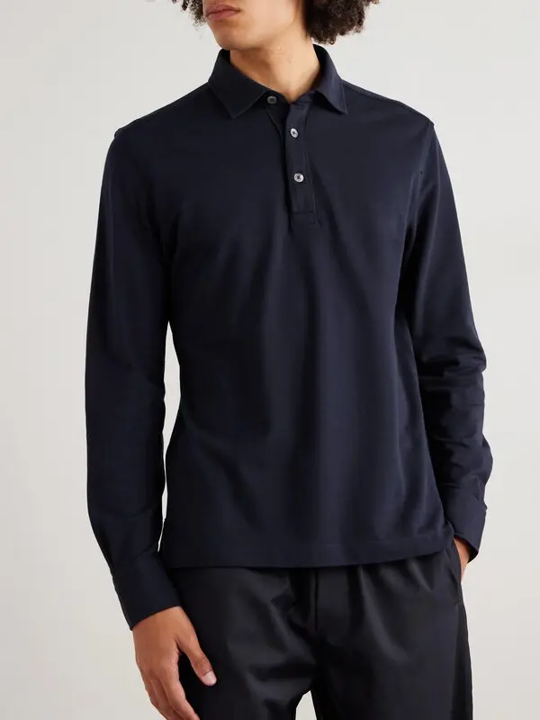 Zegna Suede-trimmed Cotton-piqué Polo Shirt