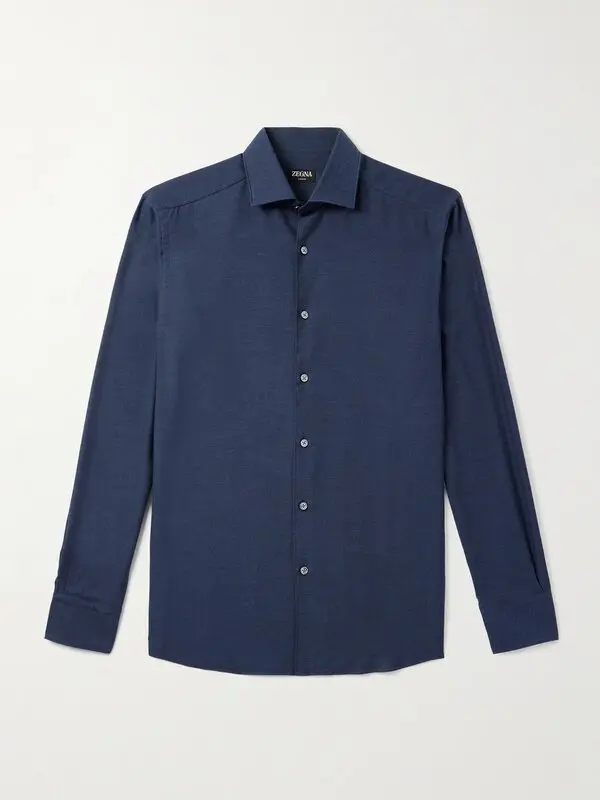 Zegna Cotton And Cashmere-blend Twill Shirt - Blue