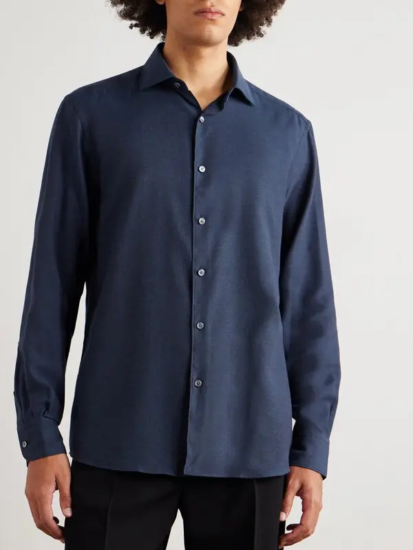 Zegna Cotton And Cashmere-blend Twill Shirt - Blue