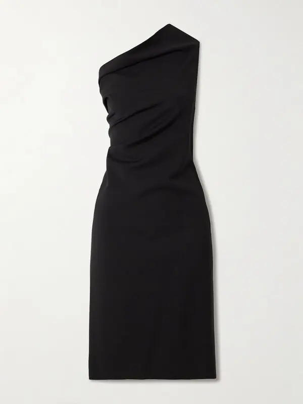 banana republic one shoulder black dress Black One Shoulder Boucle Midi Dress With 3D Flower main image 1