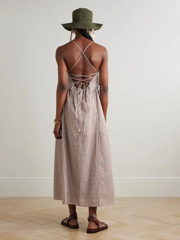 midi brown gingham dress Rihoas Cotton Gingham Plaid Square Neck Midi Dress main image 1