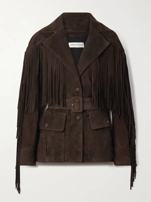 Nour Hammour Cassidy Belted Fringed Suede Jacket - Brown