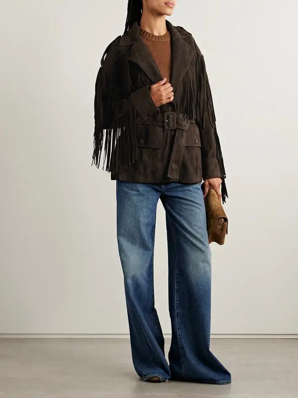 Nour Hammour Cassidy Belted Fringed Suede Jacket - Brown
