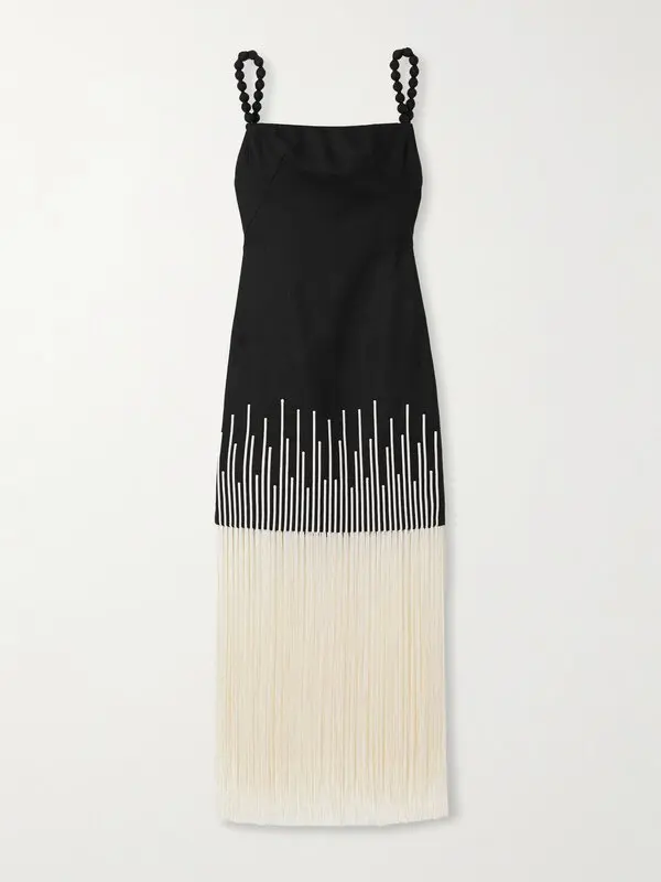 ANDRES OTALORA Silencios Fringed Linen Midi Dress - Black