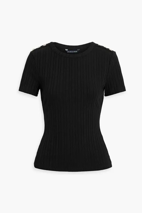 Veronica Beard Embellished Ribbed Cotton-blend Top - Black