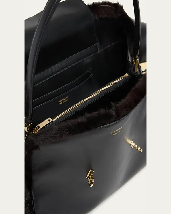FERRAGAMO Hug Leather & Shearling Shoulder Bag