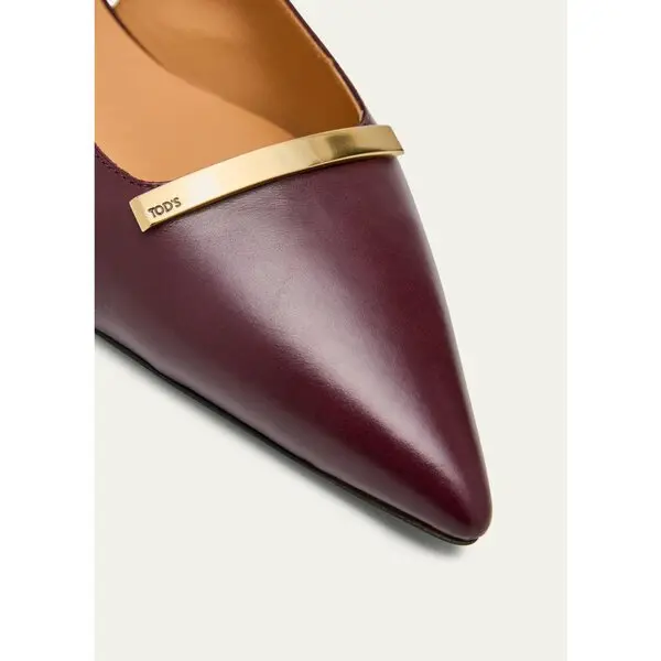 TOD'S Gold-tone Bar Leather Slingback Flats - Dark Red