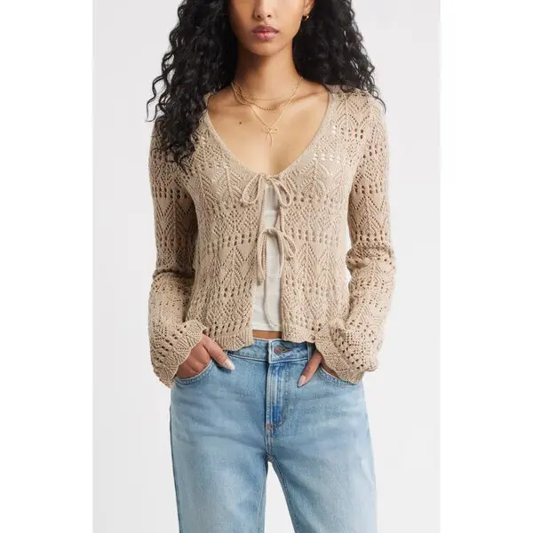 Bp. Fly Away Tie Front Crochet Cardigan - Tan Savannah