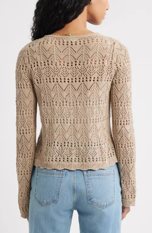Bp. Fly Away Tie Front Crochet Cardigan - Tan Savannah