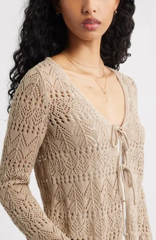 Bp. Fly Away Tie Front Crochet Cardigan - Tan Savannah