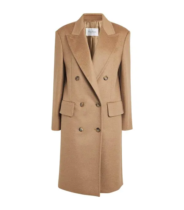 Max Mara Camel Wool Pea Coat With Peak Lapels