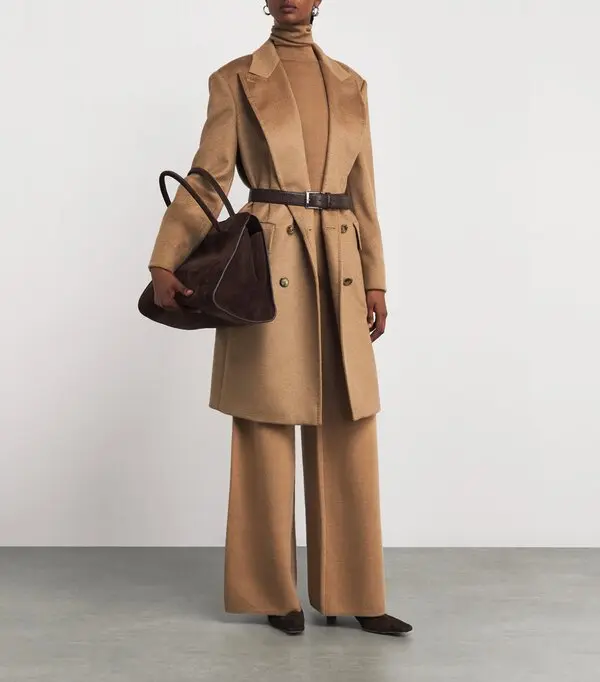Max Mara Camel Wool Pea Coat With Peak Lapels