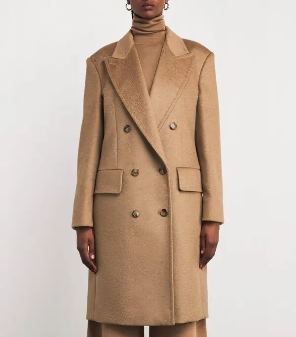 Max Mara Camel Wool Pea Coat With Peak Lapels