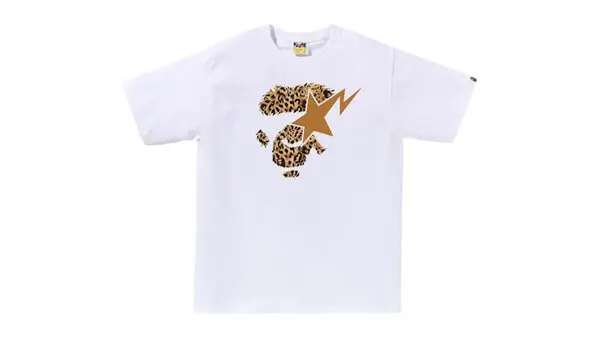 A BATHING APE Wild Leopard Pattern Ape Face Sta Tee Shirt - White