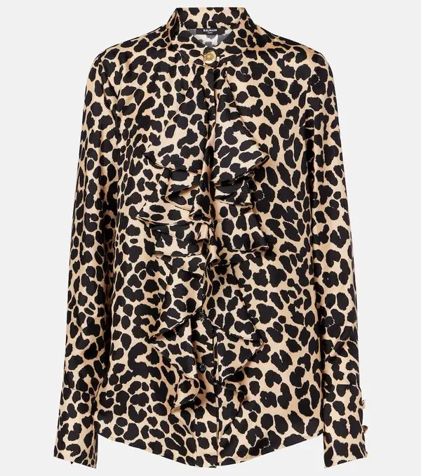 Balmain Leopard-print Ruffled Silk Blouse - Brown