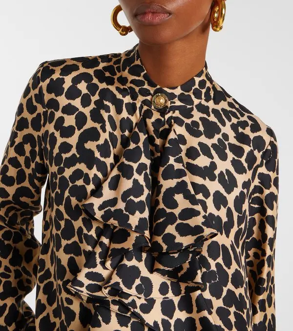 Balmain Leopard-print Ruffled Silk Blouse - Brown