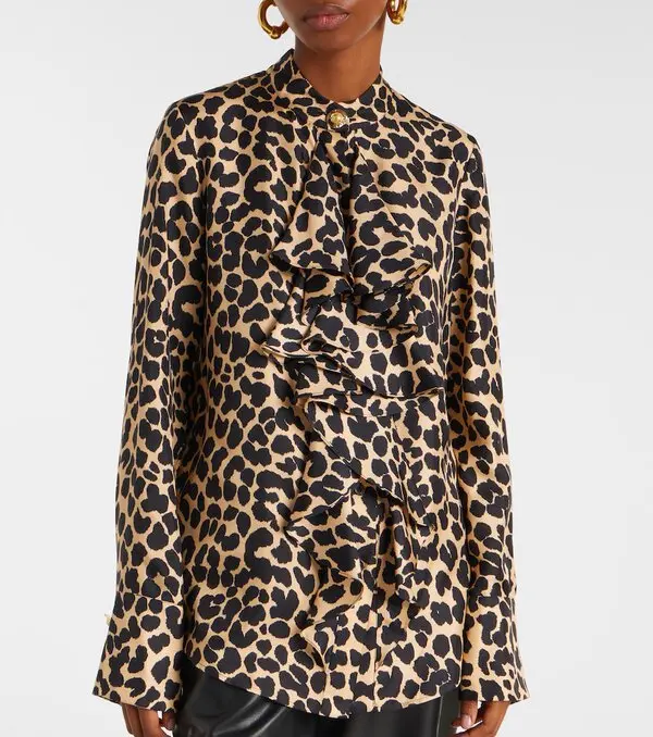 Balmain Leopard-print Ruffled Silk Blouse - Brown